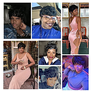 MOONSHOW Short Pixie Wigs for Black Women Short Black Curly Pixie Wigs Synthetic Hair Wigs for Black Women Natural Wavy Black Pixie Cut Wig Short Curly Layered Pixie Wig for Women(Natural Black)