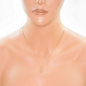 Honolulu Jewelry Company 14K Rose Gold Cross Necklace Pendant with Diamond and 18" Box Chain