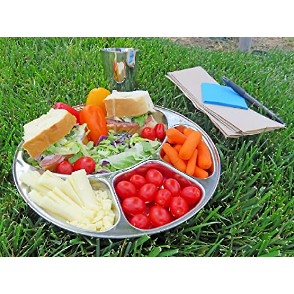 Lifestyle Block Stainless Steel Divided Plate: 4 Section Mirrored Round Plate for use as Plate or Platter