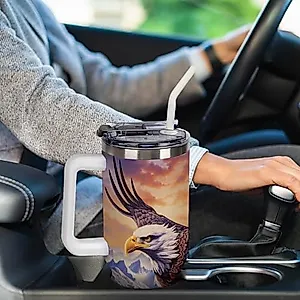 Bald Ea-gle 40 Oz Stainless Steel Cup Travel Tumbler with Handle and Straw Lightweight Coffee Mug for Home Office