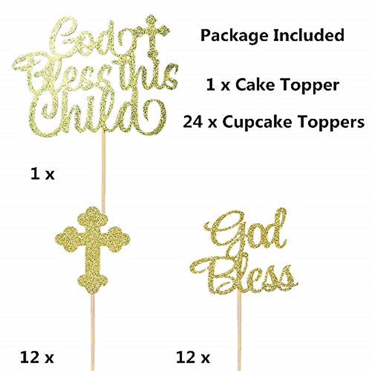 JeVenis 25 PCS Glittery Gold Bless this Child Cake Topper Baptism Cupcake Toppers Cross Cupcake Topper Baptism Cake Topper Cross Cake Decoration Baptism Party Decorations