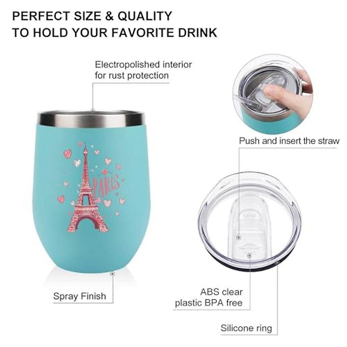 Paris France Eiffel Tower Souvenir Insulated Wine Tumbler with Lid Stainless Steel Travel Mug Coffee Cup for Cold & Hot Drinks