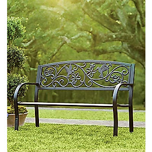 Plow & Hearth Black Metal Hummingbird Garden Bench for Patio, Yard and Garden with Detailed Decorative Back Design Featuring Birds, Vines and Flowers, 50" W x 19½"D x 34½"H