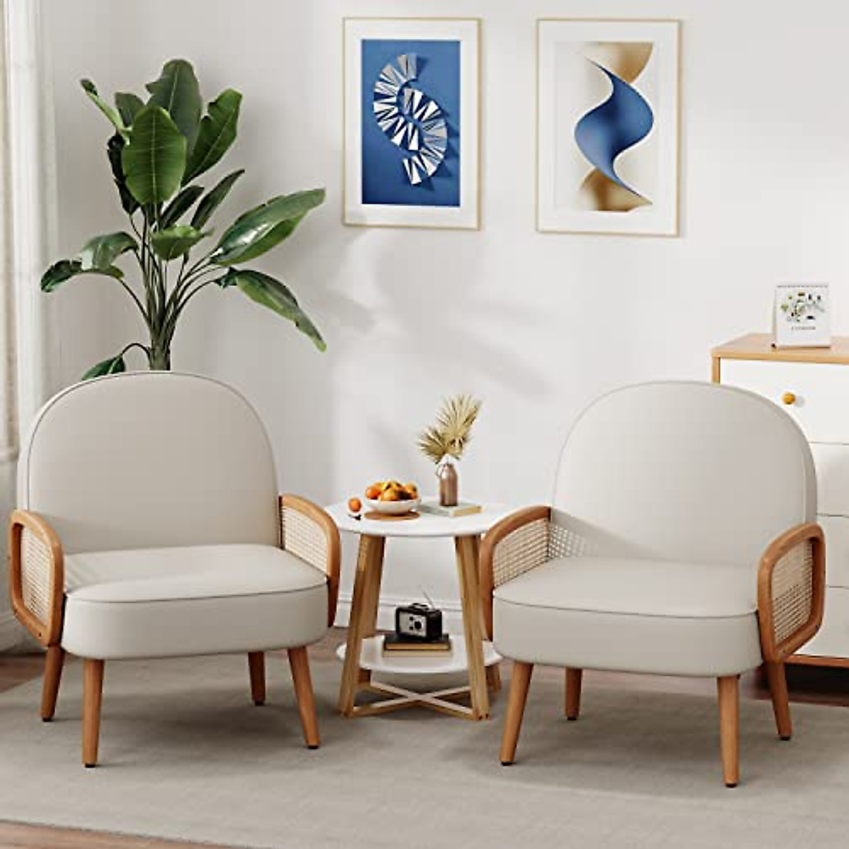 SHINEBOOM Accent Chairs Rattan Comfy Upholstered Modern Arm Chair for Living Room Reading Bedroom Balcony Faux Leather Chair, Beige