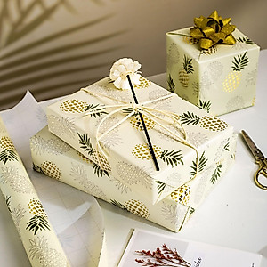 Garbendy Pineapple Wrapping Paper Roll - Gold Foil Design with Cut Lines for Birthdays, Holidays, Weddings, Baby Showers - 17" x33ft