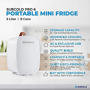 Subcold Pro6 Luxury Mini Fridge Cooler 6 Litre / 8 Cans AC & Exclusive USB Power Option Small Portable Fridge For The Office, Bedroom, Car, Skincare & Cosmetics White