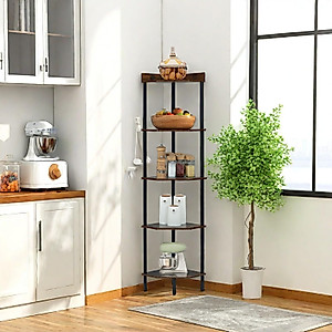Corner Shelf Stand, Tall Corner Book Shelf Industrial 5 Tier Corner Display Rack Multipurpose Shelving Unit Corner Bookcase for Small Spaces Living Room Bedroom Home Office (Rustic Brown-5-Tier)