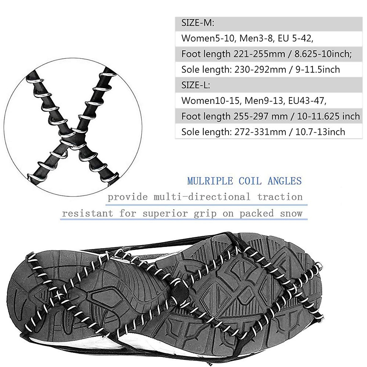 Ice Cleats Highly elastic Traction Cleats Grippers with tape Strap and Storage Bag, Anti Slip Walk Traction Cleats for Hiking Walking on Snow and Ice (M: Women5-10/Men3-8/foot length 221-255mm)