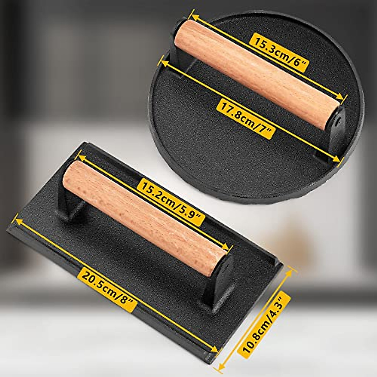 Leonyo 2Pcs Smash Burger Press, Bacon Press for Griddle, Round Cast Iron Grill Press for Flat Top Grill, Rectangular Hamburger Smasher for Griddle, Food Meat Press for Steak, Sandwich, Nonstick Pan