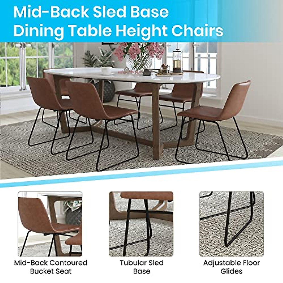 Flash Furniture Butler 18 Inch Commercial Grade LeatherSoft Dining Table Height Chair, Mid-Back Black Sled Base with Light Brown LeatherSoft Upholstery, Set of 2
