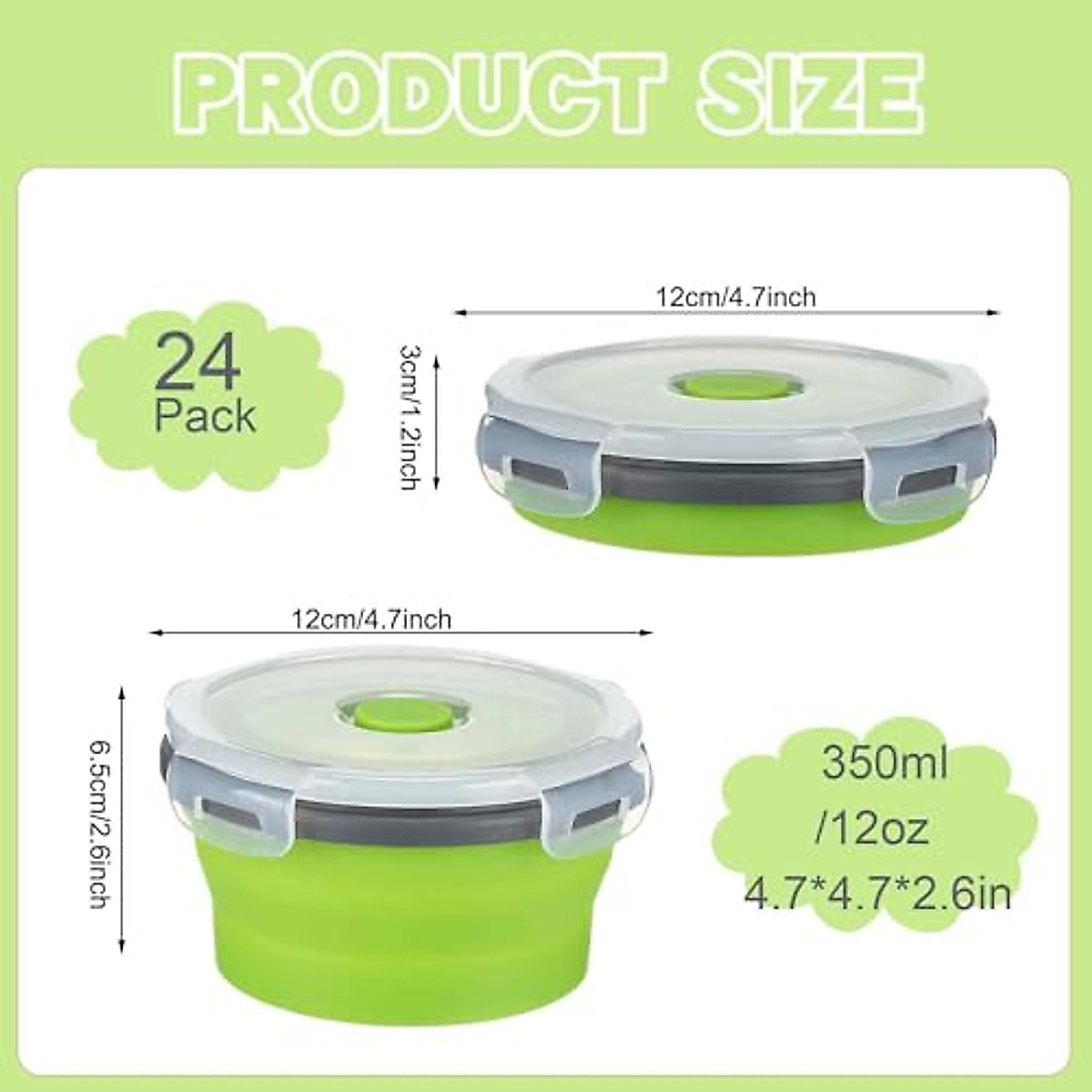 Jinei 24 Pcs Collapsible Food Storage Containers 12oz Silicone Round Collapsible Bowls Sets Foldable Silicone Lunch Box with Airtight Lid for Christmas Christian Charity Donation Supplies(Gray Green)