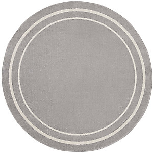 Nourison Essentials Indoor/Outdoor Solid Bordered Grey/Ivory 4' x Round Area Rug, Easy Cleaning, Non Shedding, Bed Room, Living Room, Dining Room, Backyard, Deck, Patio (4 Round)