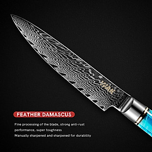 WAK Professional Sharp Kitchen Utility Knife 5 inch, High Carbon Stainless Steel Damascus Cooking Knife, Japanese Cutlery Knife with Non-stick Blade, Blue Resin Wood Ergonomic Handle