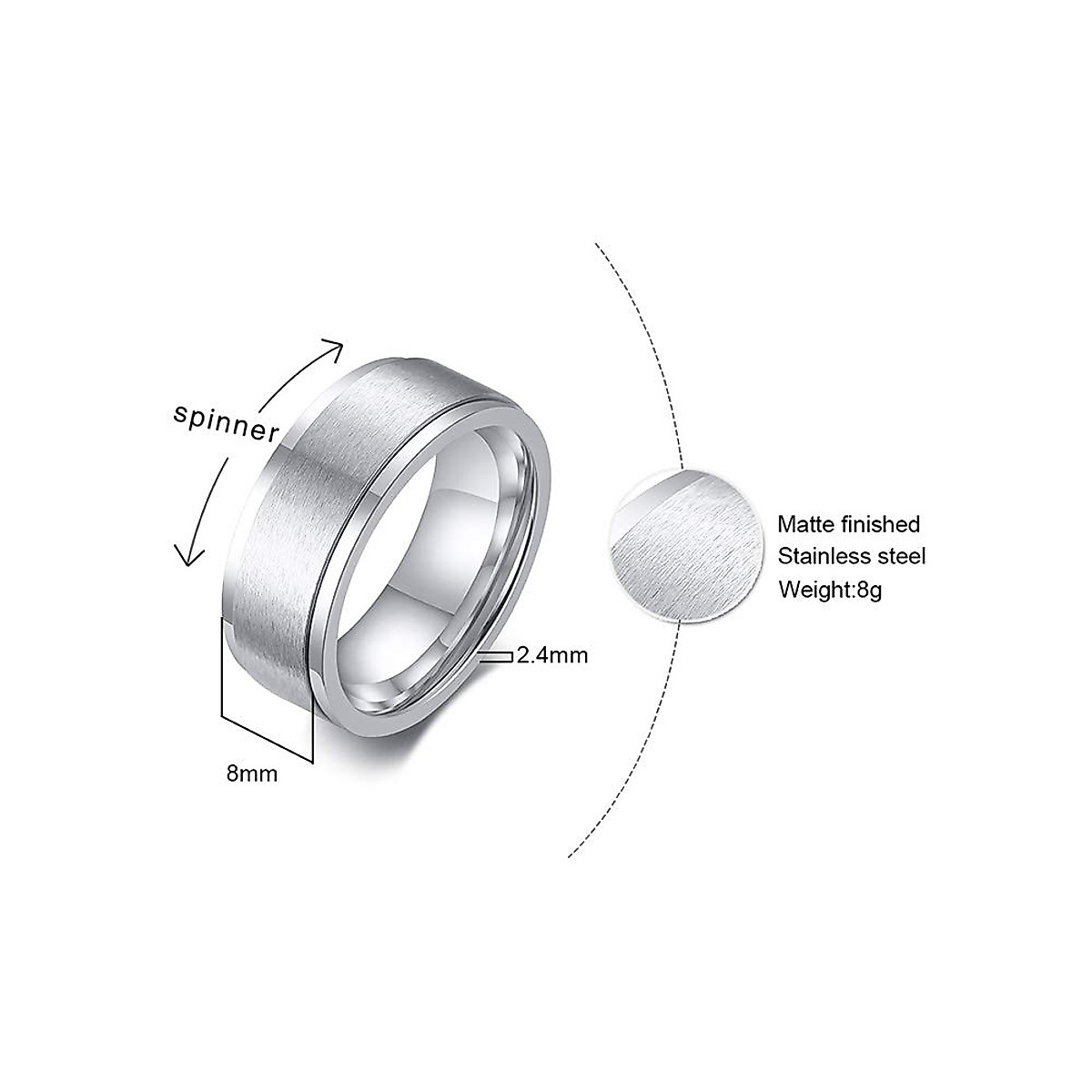 MZZJ Personalized Inside Her Weirdo & His Crazy Couple Ring Set 8MM Black Brushed Stainless Steel Step Edges Fidget Spinner Engagement Ring Wedding Bands