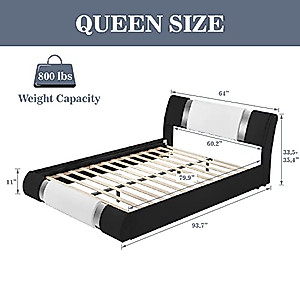 Allewie Queen Bed Frame with Iron Piece Decor, Faux Leather Upholstered Platform Bed with Adjustable Headboard & Strong Wooden Slats, No Box Spring Needed, Black and White