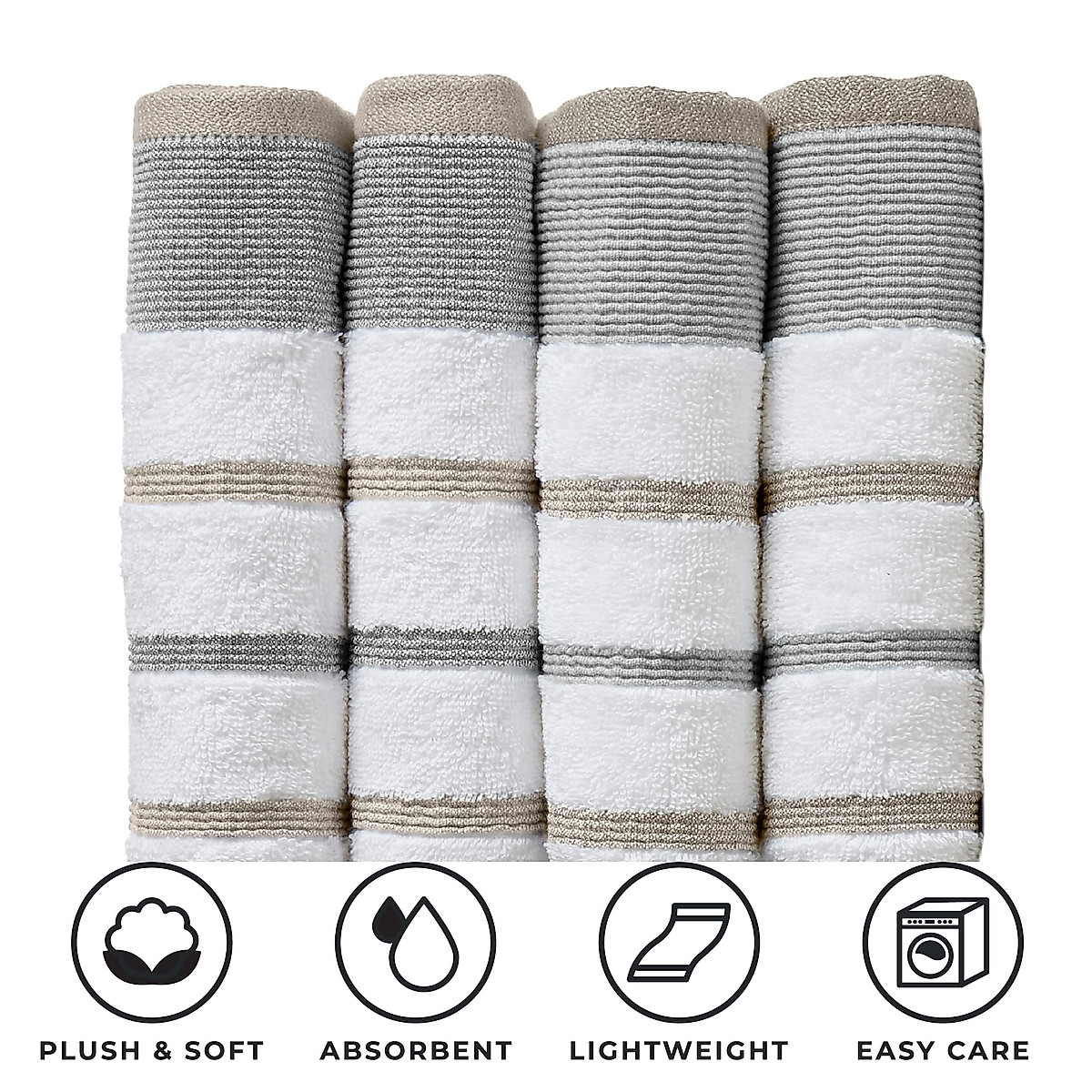 Great Bay Home, Towel, Cotton (16 x 30 inches) Oversized Decorative Luxury Hand Towels. Noelle Collection, Set of 4, Glacier Grey/Cappuccino