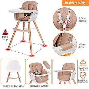 3-in-1 Convertible Wooden High Chair,Baby High Chair with Adjustable Legs & Dishwasher Safe Tray, Made of Sleek Hardwood & Premium Leatherette, Brown Color