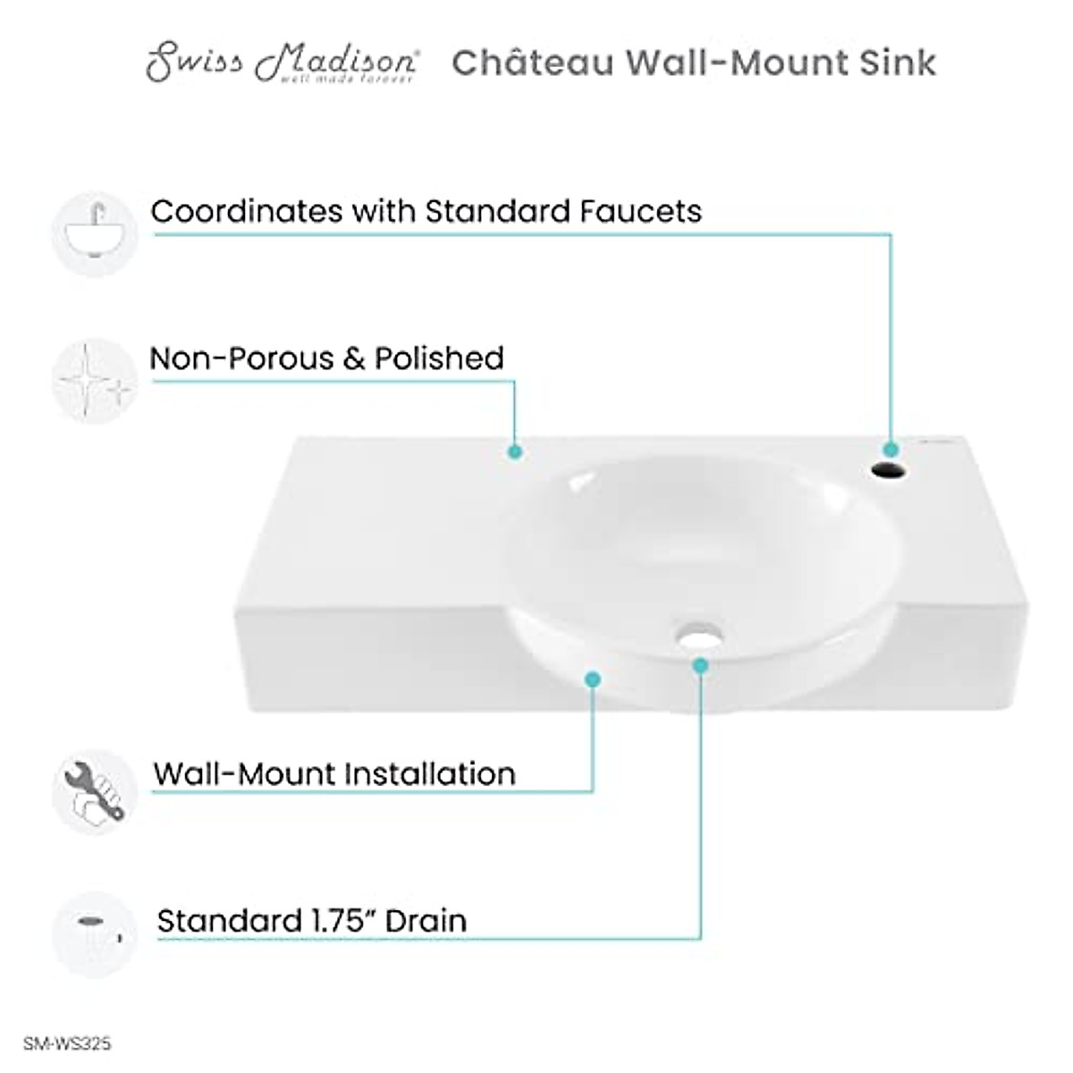 Swiss Madison Well Made Forever SM-WS325, Château 30" Right Side Faucet Wall-Mount Bathroom Sink