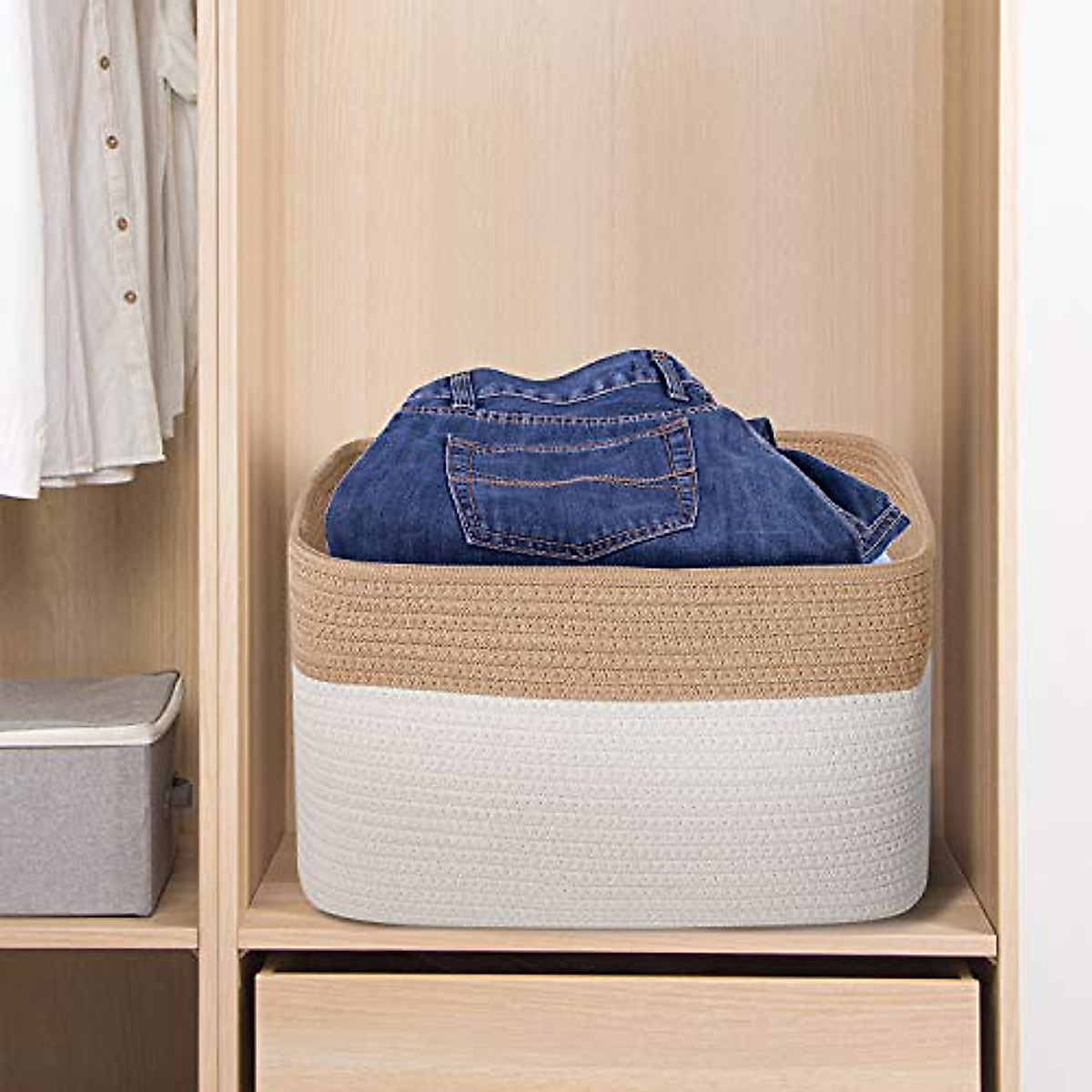 ANMINY 2PCS Woven Cotton Rope Storage Baskets with Handles Large Washable Basket Set Decorative Storage Bins Boxes Nursery Baby Kid Toy Blanket Clothes Towel Laundry Organizer Containers - White/Brown