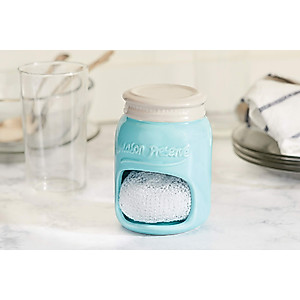 Fox Run Ceramic Mason Jar Holder with Sponge, 3.5 x 3.5 x 5 inches, Blue