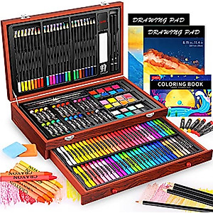Art Supplies, Caliart 153-Pack Deluxe Wooden Art Set Crafts Drawing Painting Coloring Supplies Kit with 2 A4 Sketch Pads, 1 Coloring Book, Creative Gift Box for Adults Artist Beginners Kids Girls Boys