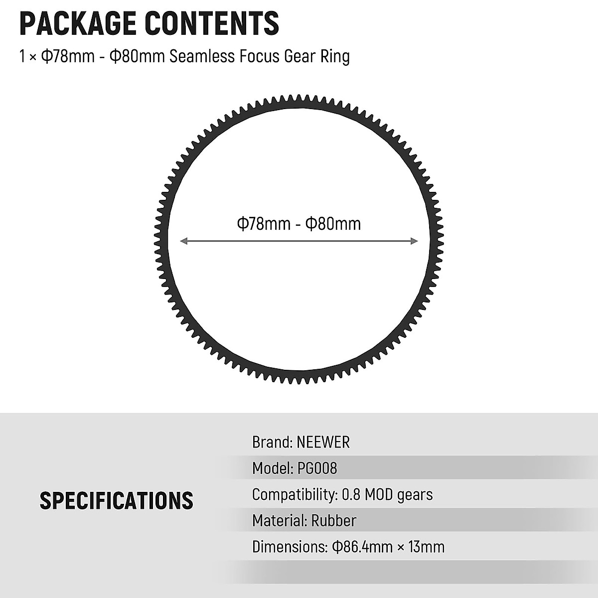 NEEWER PG008 Seamless Follow Focus Gear Ring 0.8 MOD for ø78-80mm Lens, Compatible with SmallRig Compatible with Tilta NEEWER Follow Focus for Canon Sony Nikon Fujifilm Panasonic Sigma Lens