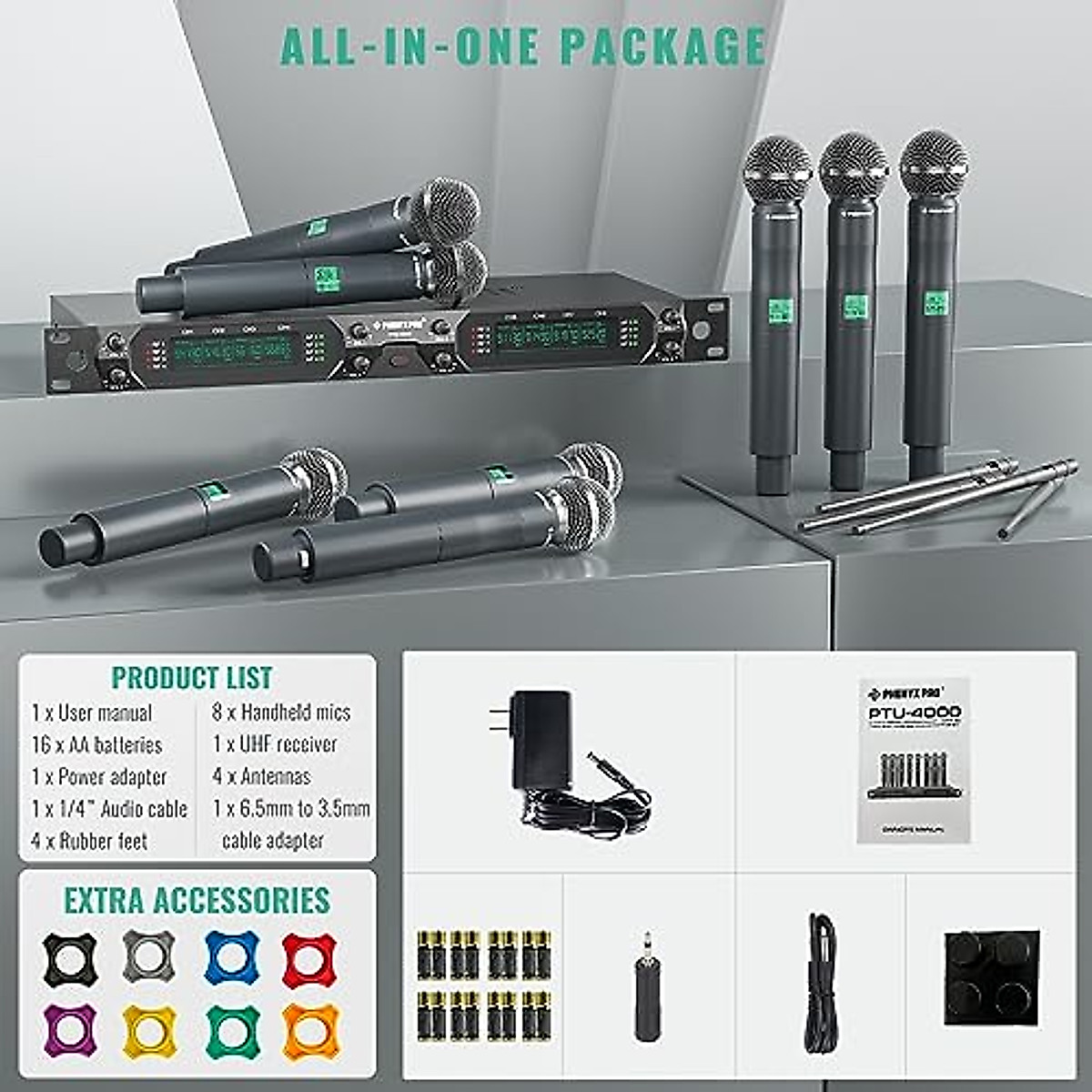 Phenyx Pro Wireless Microphone System, 8-Channel UHF Cordless Mic with Metal Handheld Wireless Mics, Fixed Frequency Dynamic Microphone for Karaoke,Church,Singing,DJ,260ft Range (PTU-4000-8H)