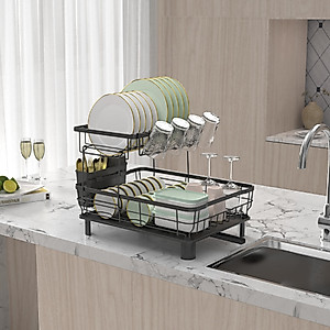 ORZ Dish Drying Rack, Dish Racks for Kitchen Counter, Black Metal Dish Drainer, Compact Dish Drying Rack with Drainboard, Kitchen Drying Rack for Dishes (Black 2 Tier)