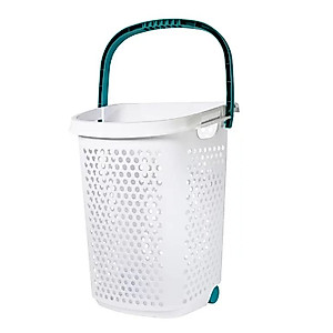 ReMoiz Wheeled Design Clothes Laundry Basket, 70.52 Liter Capacity Mind Reader Basket Collection, 2 Bushel Rolling Plastic Laundry Hamper with Pop-up Handle, White, Large
