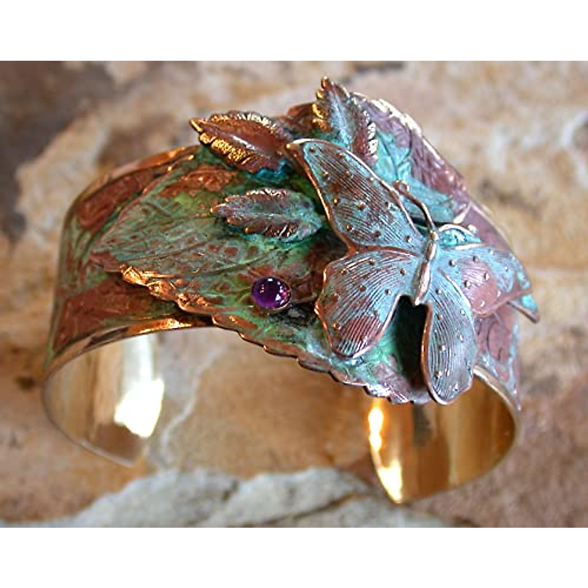 Elaine Coyne Collectible Artwear Butterfly on Leaf Cuff Bracelet - Verdigris Patina Brass - USA Made