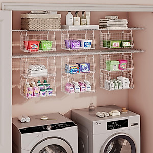 3-Tier Hanging Laundry Basket Organizer：Foldable Wire Shelf Laundry Room Organizer with 360°Rotating Hooks Space Saving Over Washer and Dryer Shelves - Metal laundry organization and storage, white