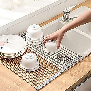 MGahyi Roll Up Dish Drying Rack, Over The Sink Drying Rack, Multipurpose 304 Stainless Steel Silicone Wrapped Steel Roll-Up , Folding Dish Rack for Kitchen Sink （Gray, 17.3" x 13 "）