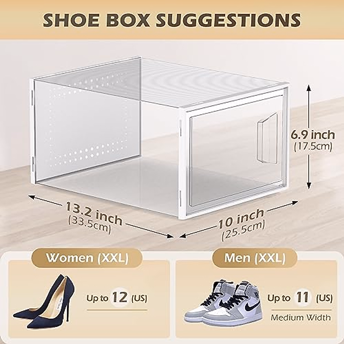 Harmon Wandyer XX-Large Shoe Boxes Clear Plastic Shoe Storage Organizer, Fit Size 12, Stackable Sneaker Display Case Shoe Container Bins, White, 12 Pack
