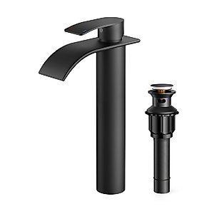 FORIOUS Waterfall Bathroom Vessel Sink Faucets with Metal Pop up Drain and Lead-Free cUPC Hose, Mate Black Single Handle Tall Bathroom Faucet 1 Hole, 11inch for Bath,Vessel