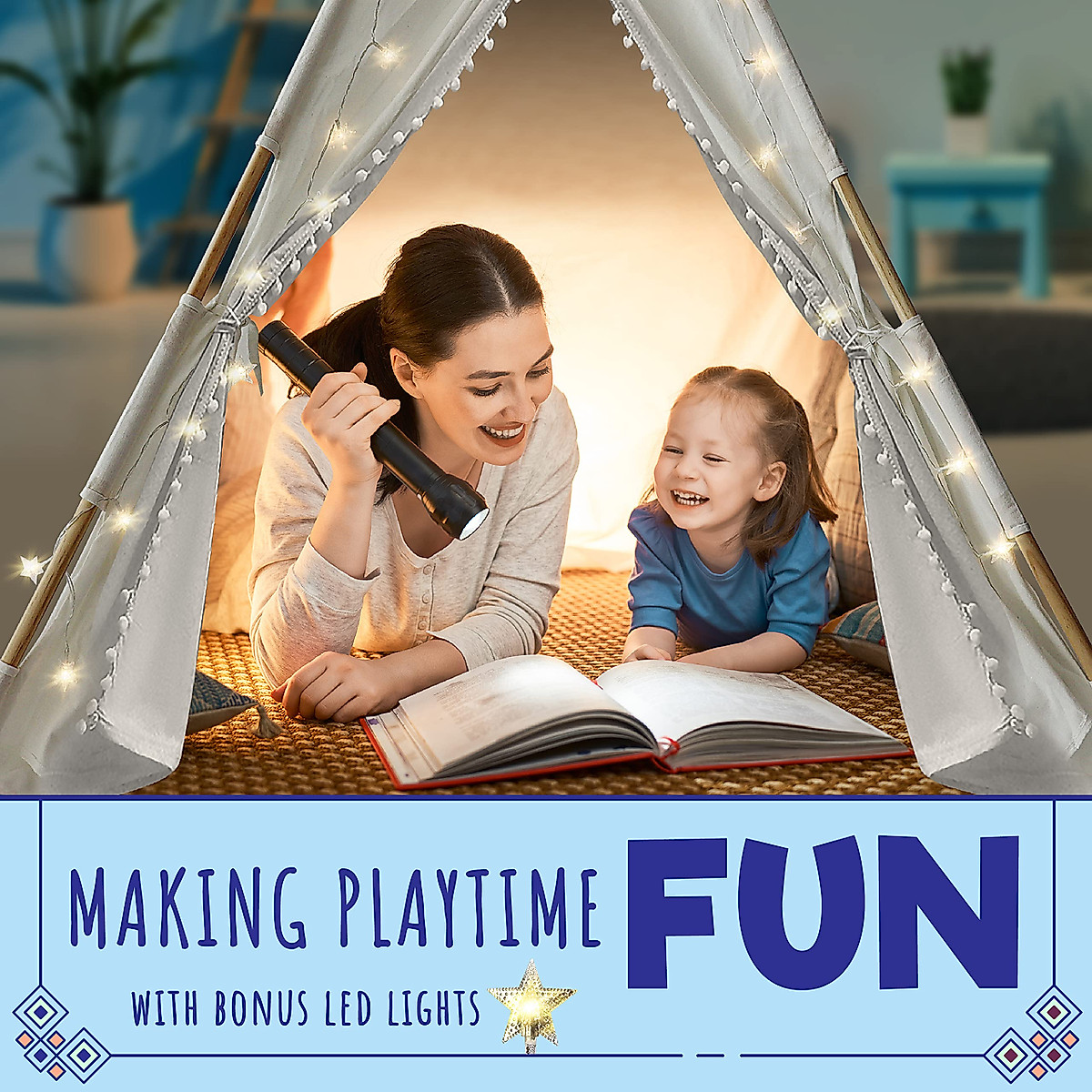 Teepee Tent for Kids - Indoor Tent, Pompon Ball Design, Built-in Mat, Inner Pockets, Window, LED Star Lights, Dream Catcher, Unique Threaded Poles - Strong Foldable Play Tent for Girls & Boys.