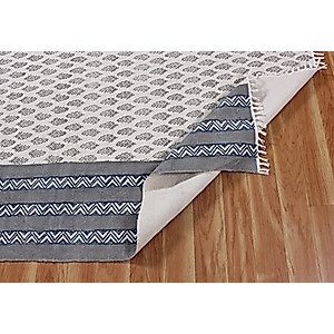 Casavani Hand Block Printed Cotton Dhurrie Striped Tassel Rug Boho Area Rug Easy Care Washable Rugs for Doormat Entryway Living Room Bedroom Hallway Balcony 6x6 Feet Square