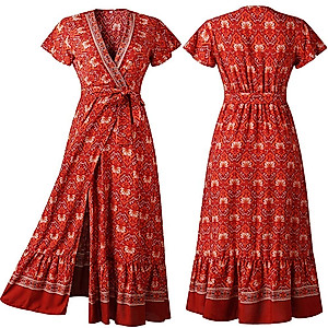 PRETTYGARDEN Women's Casual Long Summer Dresses Boho Floral Wrap V Neck Short Sleeve Split Maxi Beach Dress (Red -1,Medium)