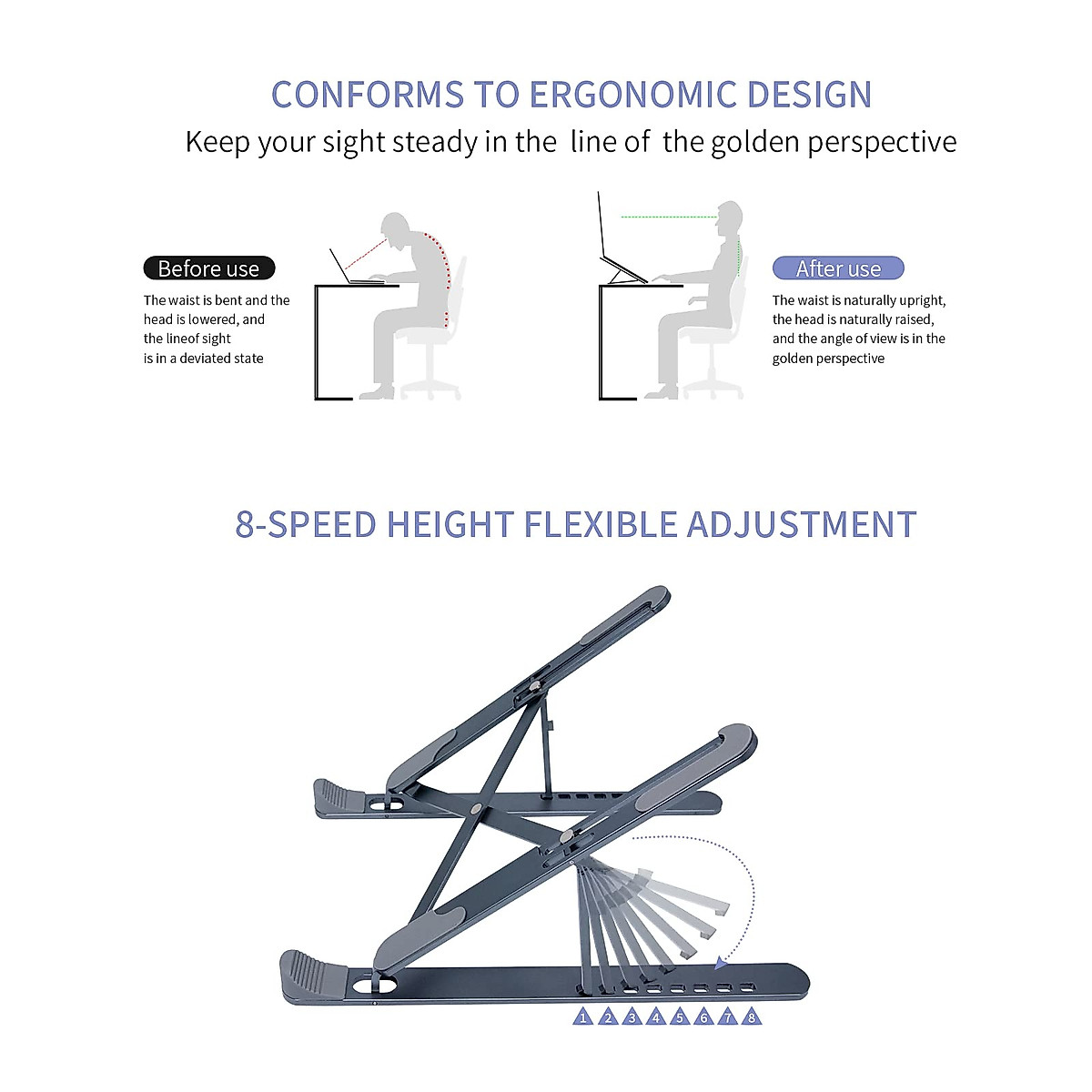 KingAcc Adjustable Portable Aluminum Laptop Holder, Foldable Computer Stand, Computer Riser Compatible with 10 to 15.6” Notebook Computers for Air, Pro, Dell, HP