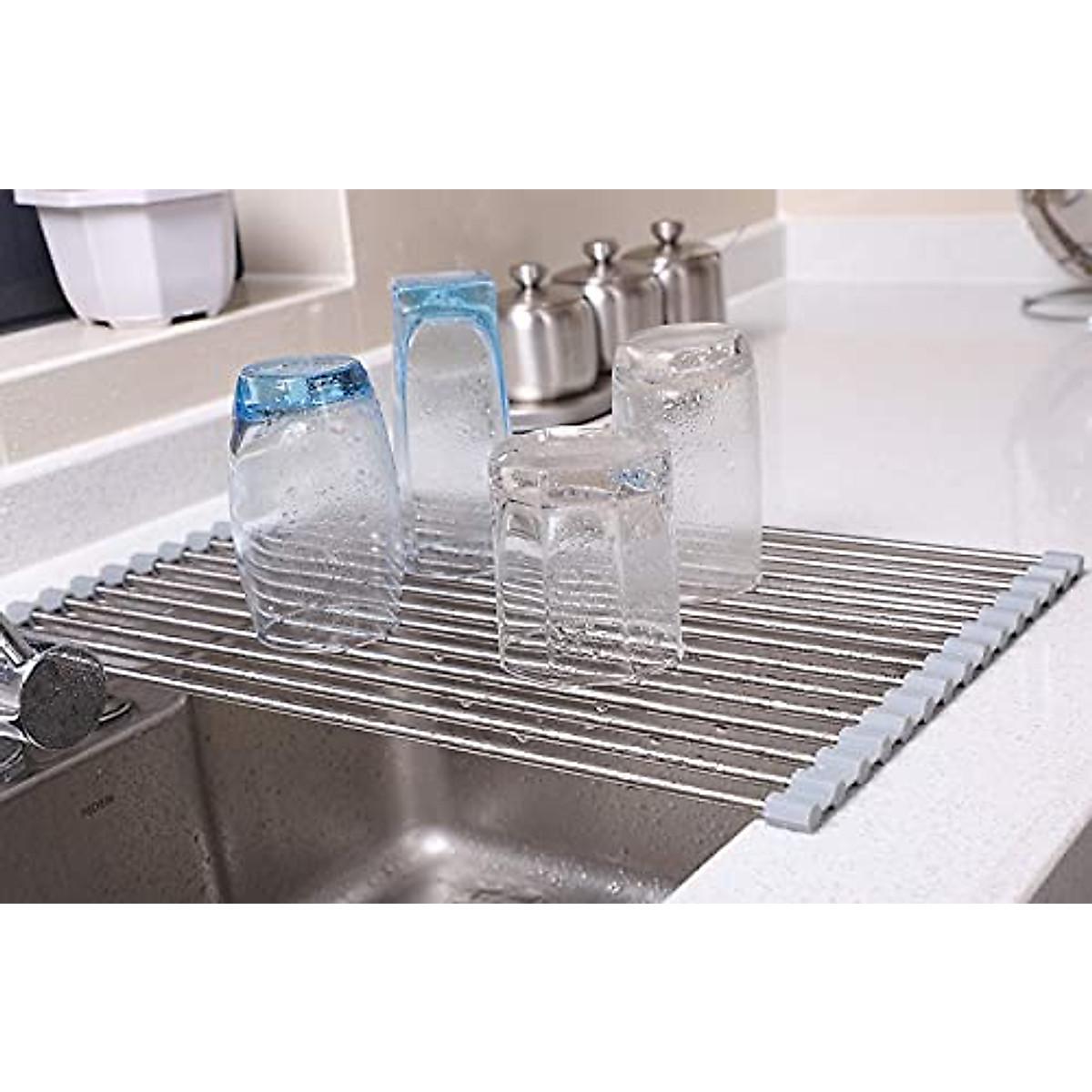 Ahyuan Roll up Dish Drying Rack Over The Sink Dish Drying Rack Dish Rack Over Sink Rolling Rack Dish Racks for Kitchen Counter (11.8''Wx17.8''L, Warm Grey)