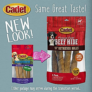 Cadet Premium Grade Beef Hide for Dogs, Long Lasting Rawhide Retriever Rolls, Single Ingredient Dog Chews, Peanut Butter Flavor, 10 Inch (4 Count)