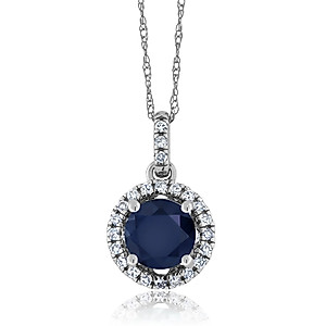 Gem Stone King 14K White Gold Blue Sapphire and Diamond Pendant Necklace For Women (1.17 Cttw, Round Cut 6MM, Gemstone Birthstone, with 18 Inch Chain)