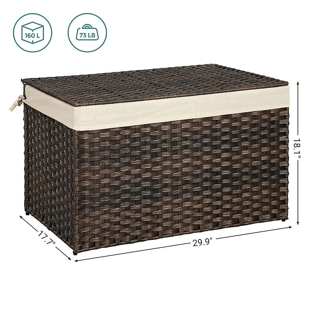 SONGMICS Storage Basket with Lid, Rattan-Style Storage Trunk with Cotton Liner and Handles, for Bedroom Closet Laundry Room, 29.9 x 17.1 x 18.1 Inches, Brown URST76BR