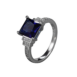 Elegant Women Squar Saphire Engagement Ring CZ Simulated Diamond Bridal Wedding Band Anniversary Rings Jewelry (Dark Blue, 6)