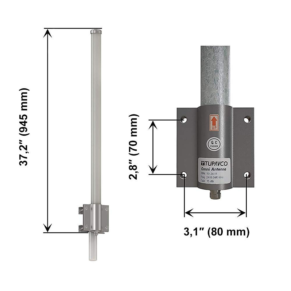 WiFi Outdoor Omni Antenna Gain 12dB 2.4Ghz Roof Mount (3 Feet Long) Wireless Network Extender/Repeater Range Pole(N-Female Cable Connector) House/RV/Camping/Boat Signal Amplifier Tupavco TP551