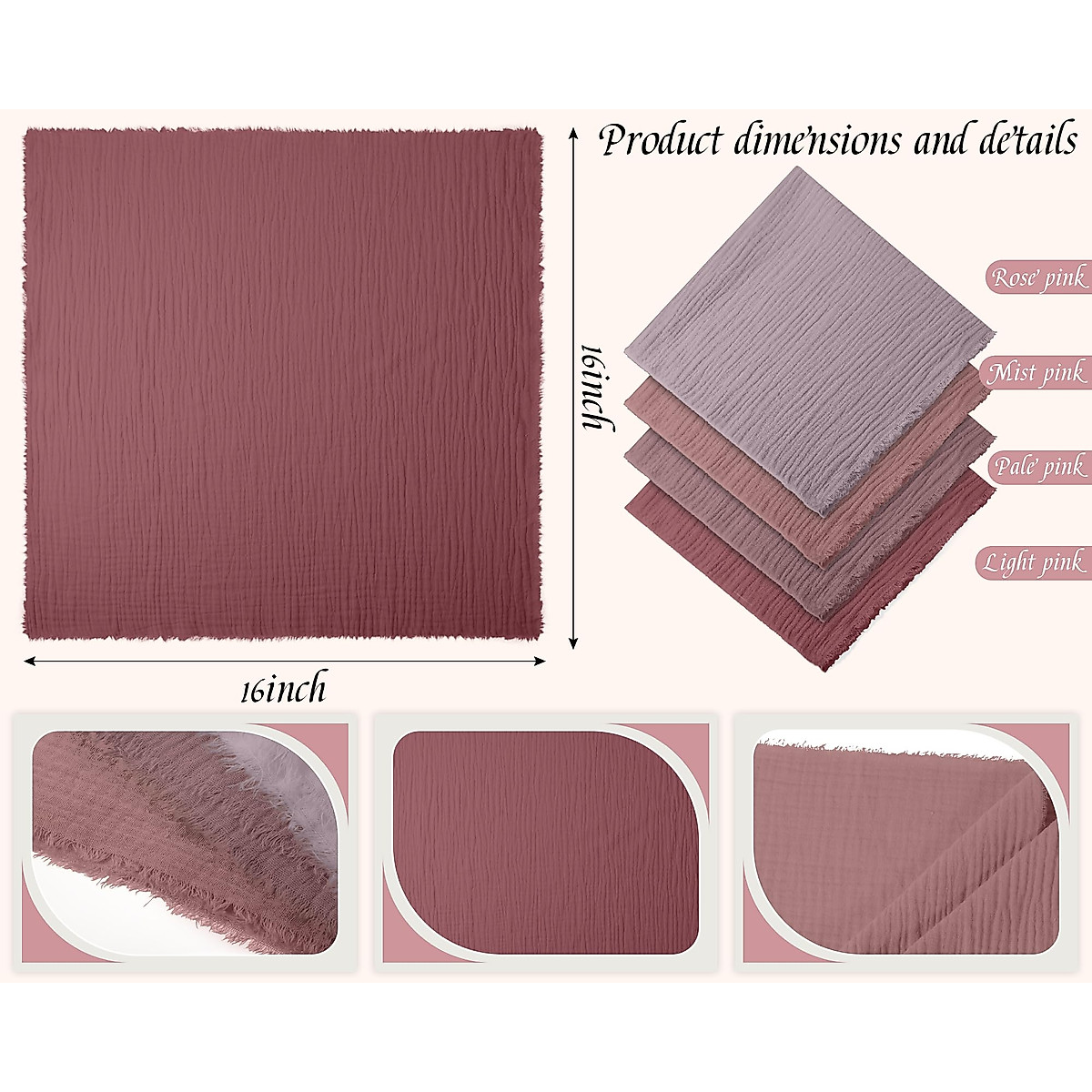 12 Pack Handmade Cloth Napkins with Fringe 100% Cotton Linen Napkins 16"x16" Rustic Cheesecloth Cloth Napkins for Wedding Party(Pink Series)