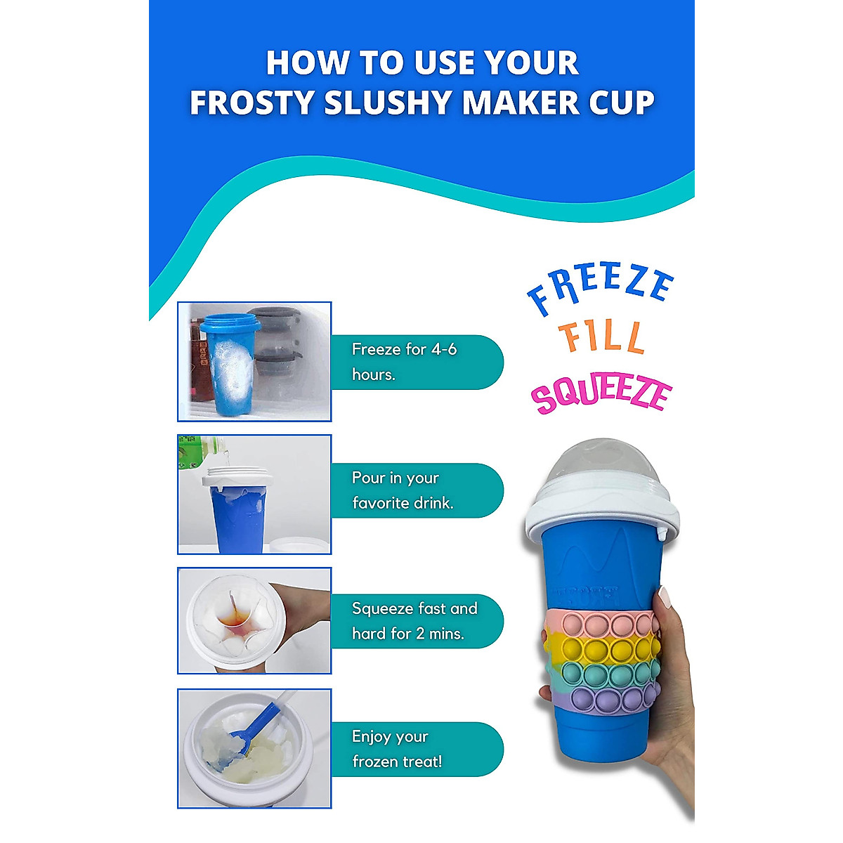 FROSTY - Magic Slushy Maker Squeeze Cup - Tiktok Smoothie- Frozen Drink - Soda Slushie - Ice Cream - Bonus Straw Spoon, Brush Cleaner, Pop It Squeeze Sleeve & Recipe