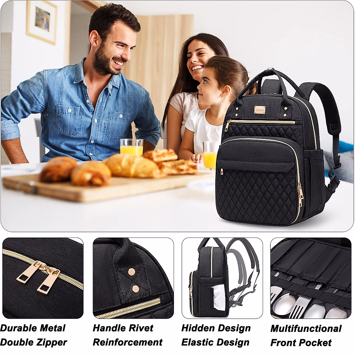 Artelaris Lunch Backpack for Women, Lunch Box Insulated Backpack, Cooler Backpack with Hidden Strap Design, Multipurpose Lunch Backpack, Daypack for Work Picnic Hiking School Beach