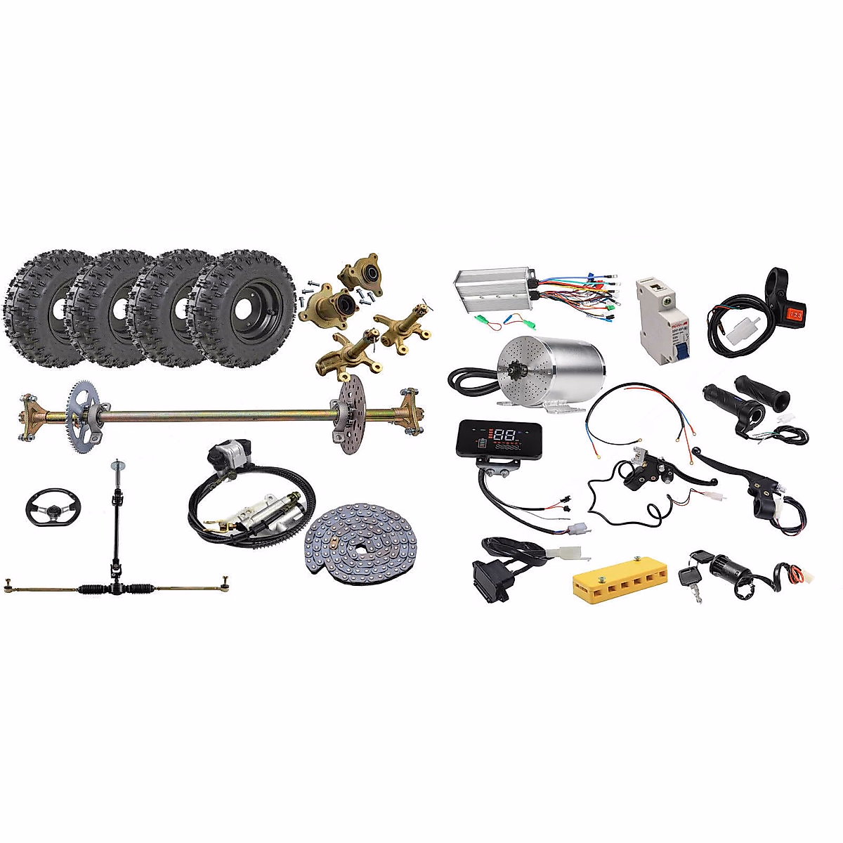 YC Yier 29" Go Kart Rear Axle Kit +Front End Steering Shaft Assembly+ Brake + 4.10-6" Wheels Tires +72V 3000W Brushless Electric Motor Kit for Go Kart ATV Quad Buggy Drift Trike Dolly Cart