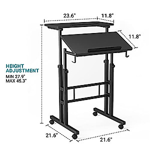 Klvied Mobile Standing Desk with Cup Holder, Portable Stand Up Desk, Adjustable Height Small Standing Desk, Rolling Desk with Wheels, Home Office Laptop Cart, Computer Desk for Standing or Sitting