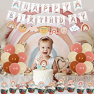 Boho Rainbow 1st Birthday Decorations, Bohemian Rainbow Balloon Happy Birthday Banner Cake Toppers for Girls First Birthday Party Supplies